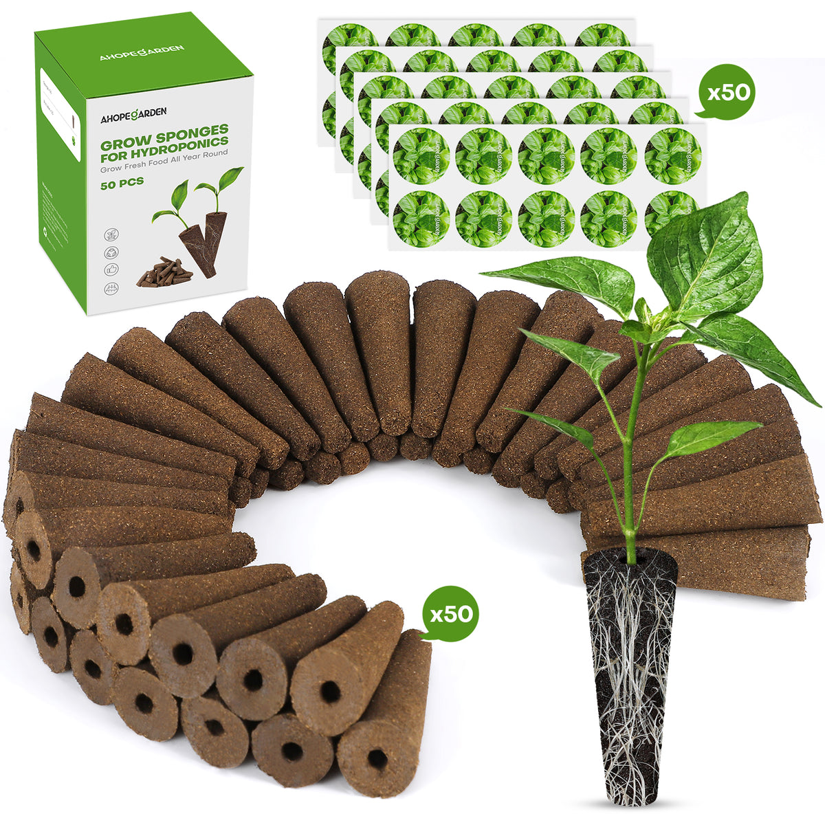 Ahopegarden 50 Pcs Grow Sponges for Indoor Hydroponic Garden